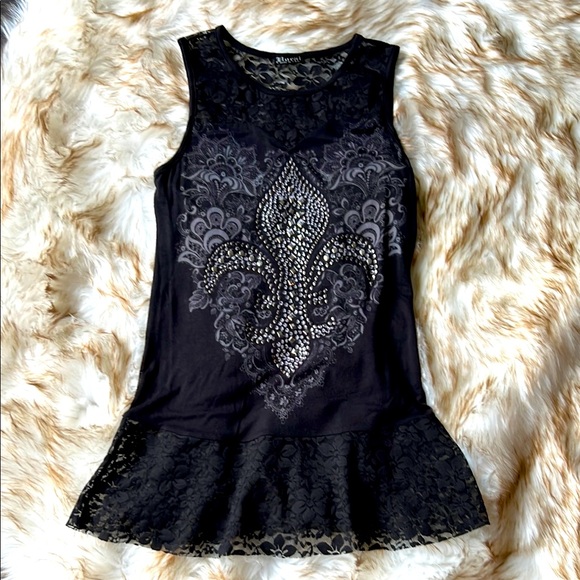 Vocal | Tops | Vocal Brand Black Graphic Studs And Lace Tank | Poshmark